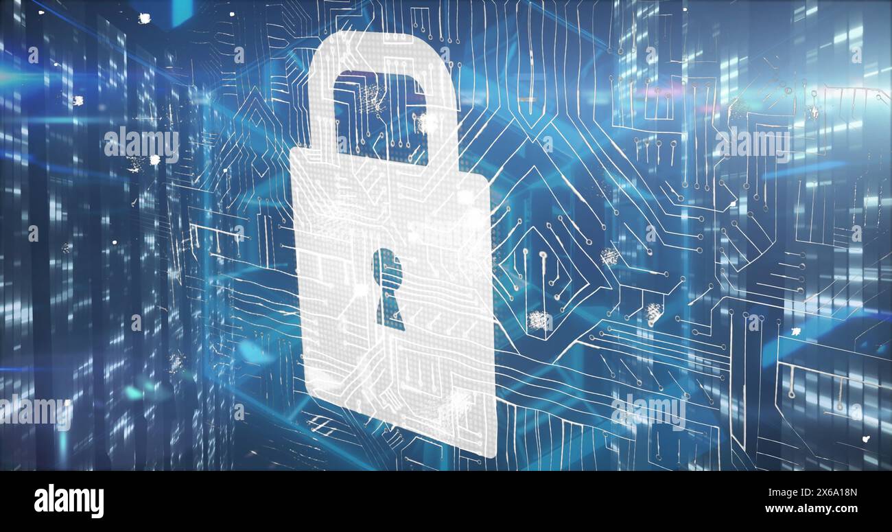 Image of data processing and shapes on blue background Stock Photo - Alamy