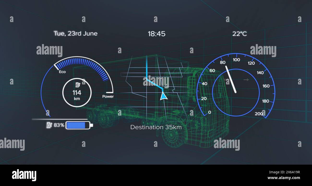 Green background displaying electric vehicle's status, including speed ...