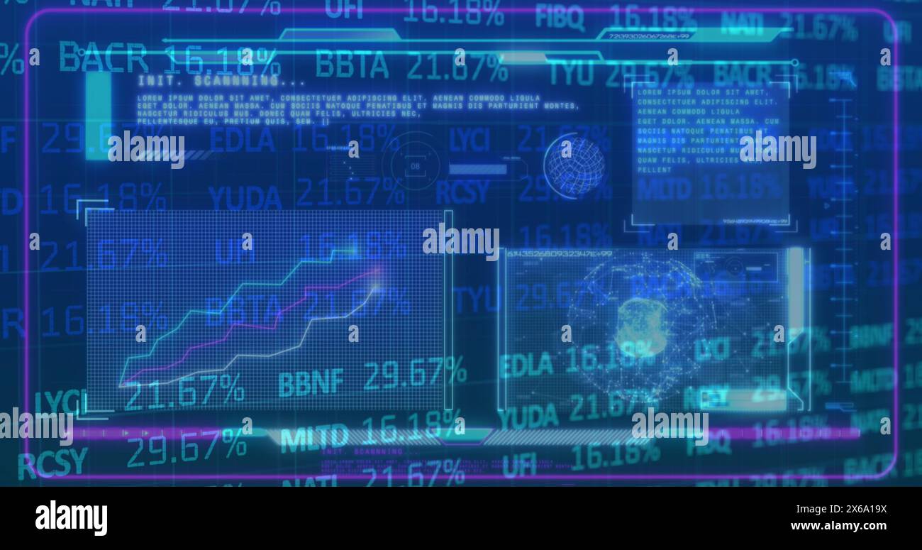 Image of financial graphs and data over navy digital screen with ...