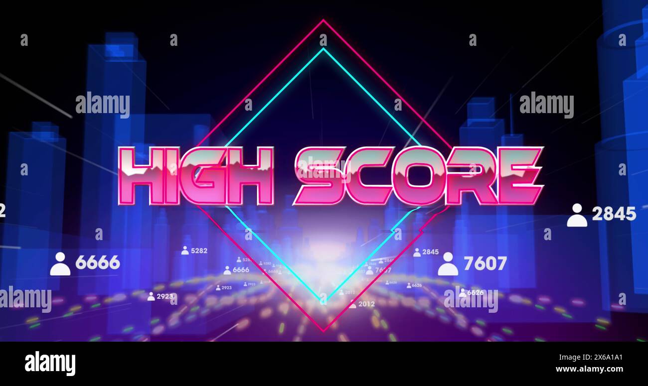 Image of high score text banner and profile icons over light trails ...
