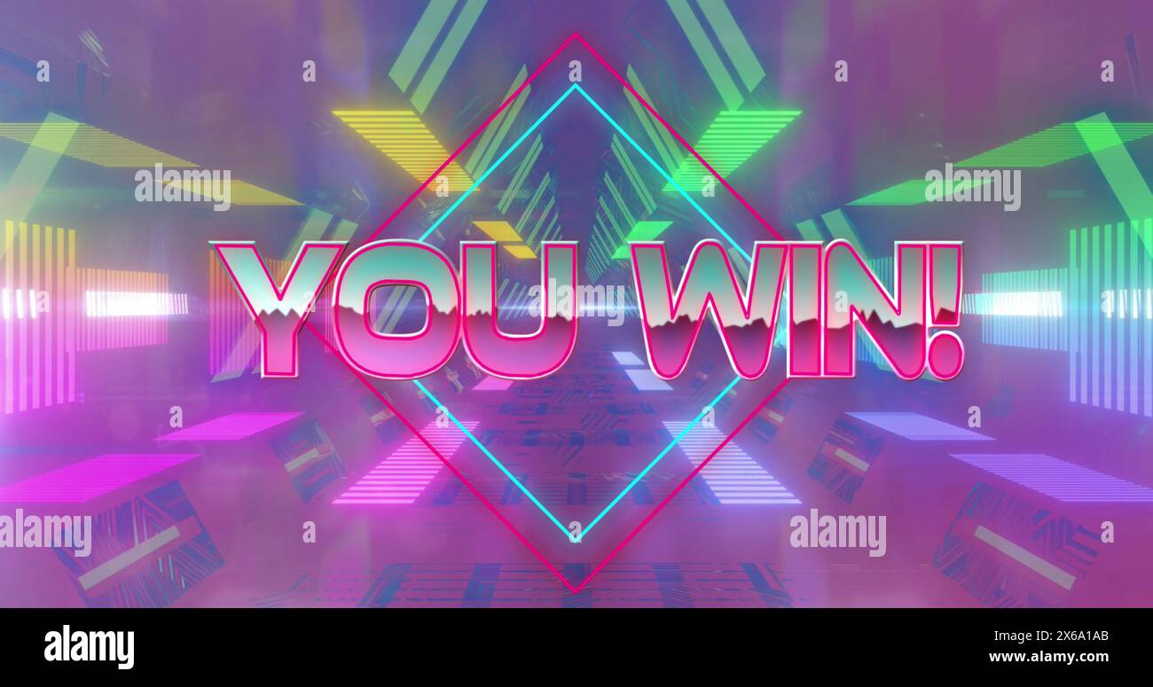 Image of pink metallic text you win over neon tunnel and person man ...