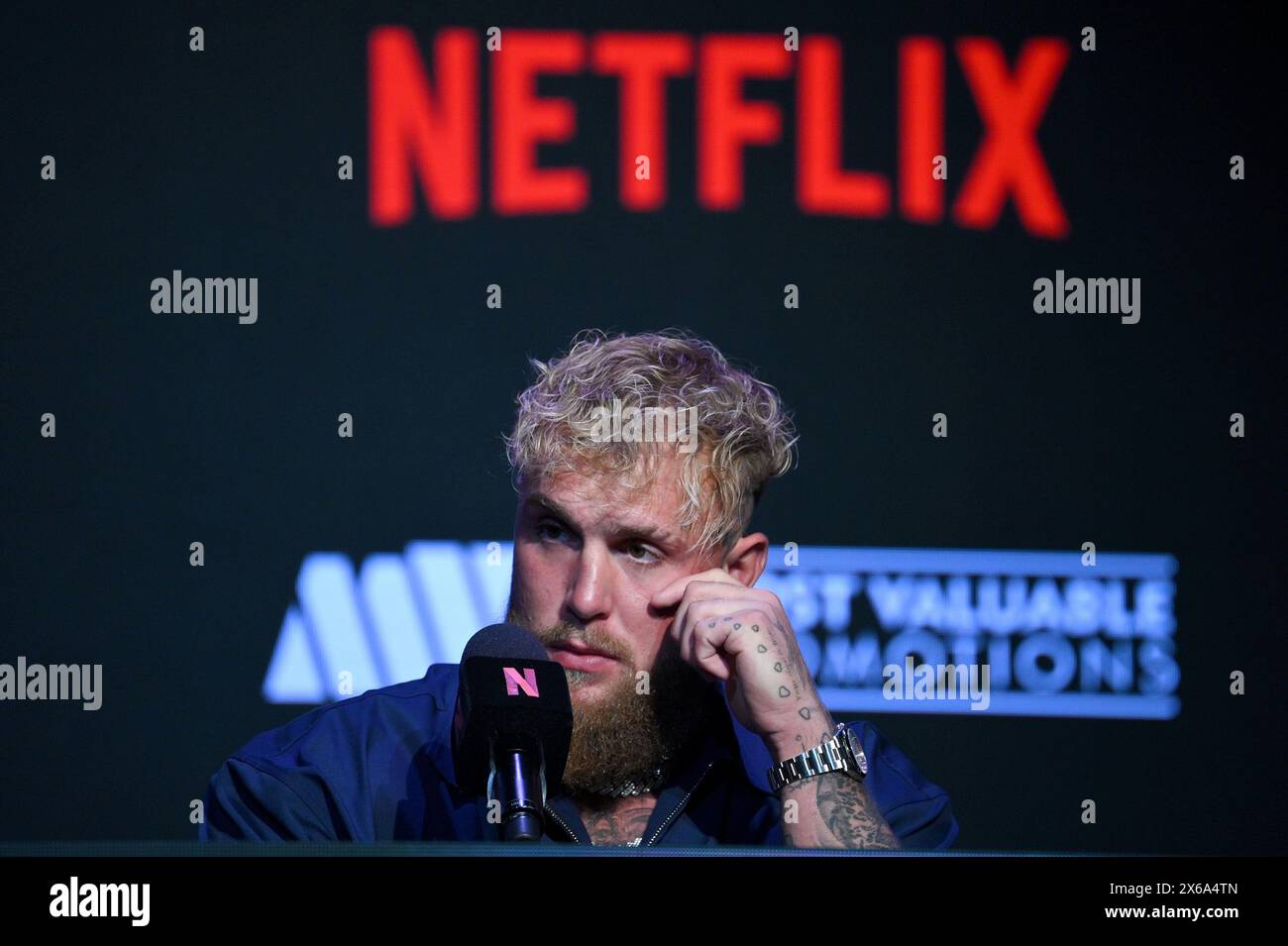 New York, USA. 13th May, 2024. Jake Paul speaks onstage at the Apollo ...