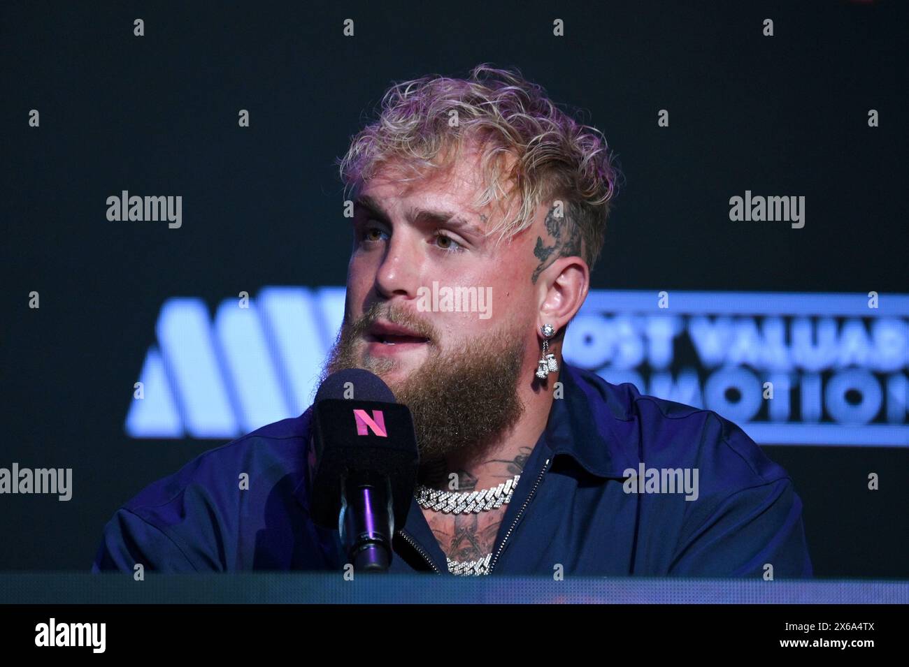 New York, USA. 13th May, 2024. Jake Paul speaks onstage at the Apollo ...