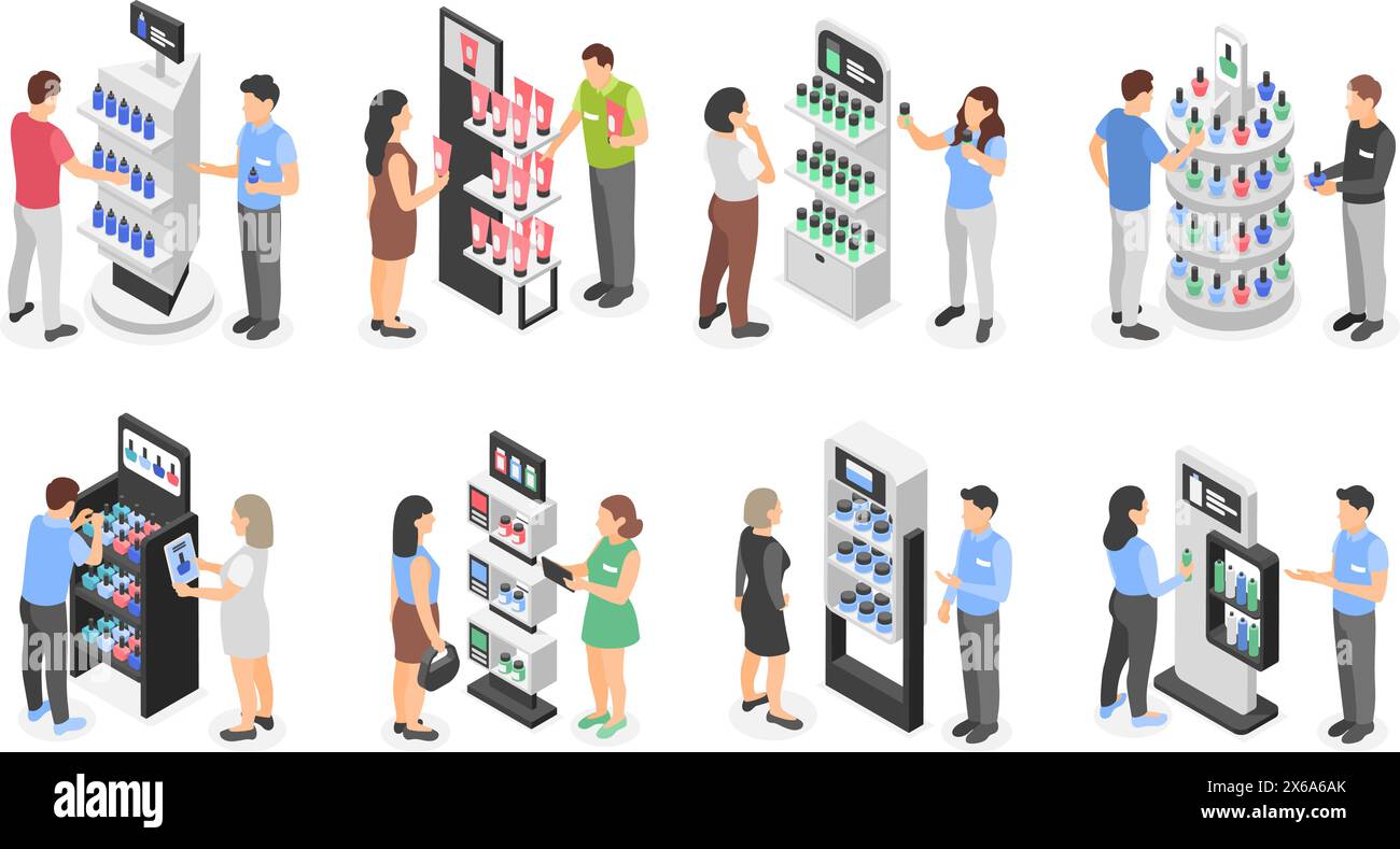 Isometric exhibition stands with promoters and visitors. Marketing ...