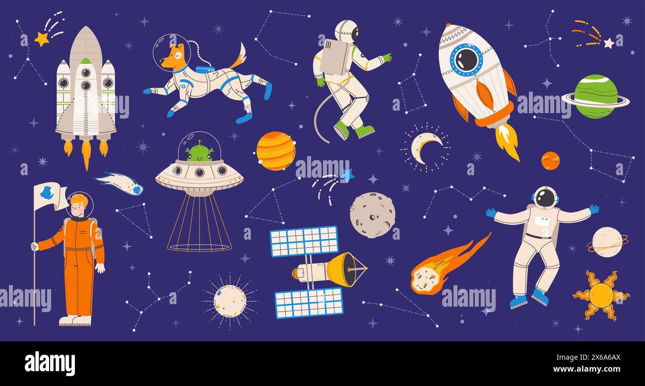 Space explorers set. Ufo in spaceship, satellite and astronauts ...