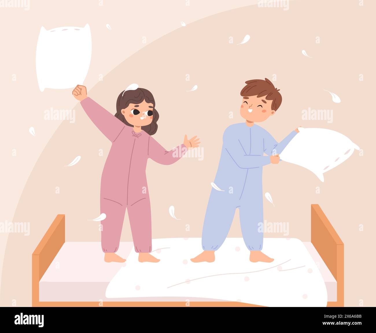 Kids pillow fight on bed. Siblings playing and wearing pajamas. Funny ...
