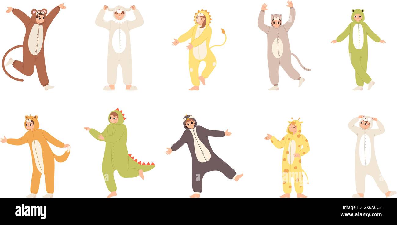 People wear animal pajamas. Cartoon pajama party person. Happy young ...