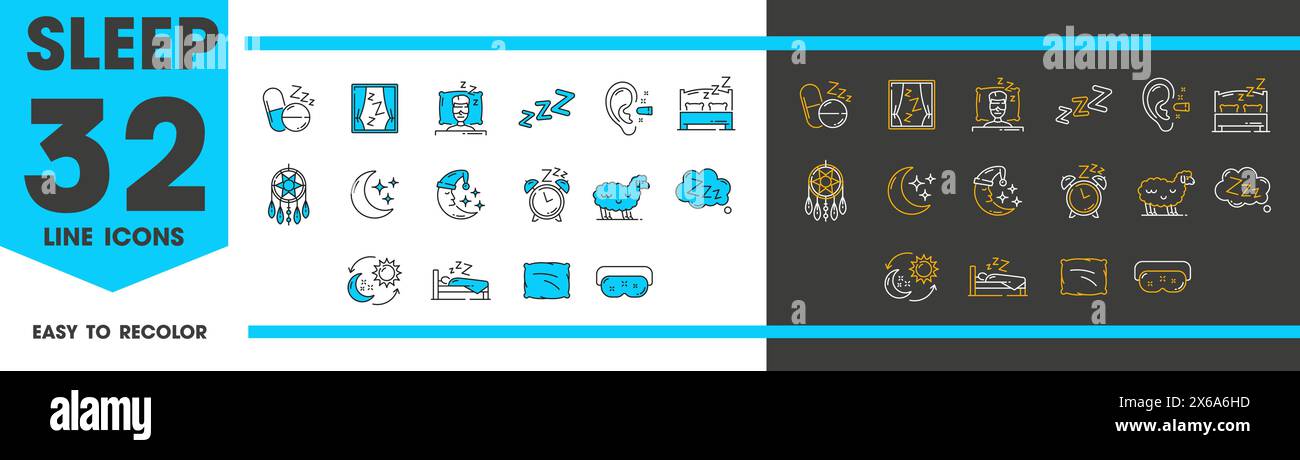Sleep, dream and nap line icons. Vector bed, pillow, night moon and ...