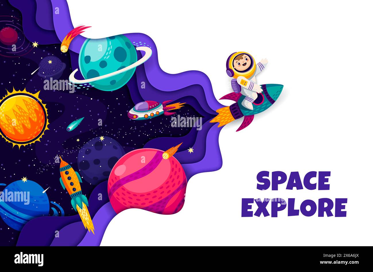 Space explore paper cut banner. Kid astronaut on space rocket. Universe ...