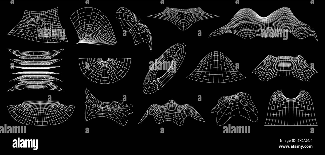 Wireframe grid and mesh, futuristic net. 3d vector set of cyber neo futuristic shapes, wavy ...