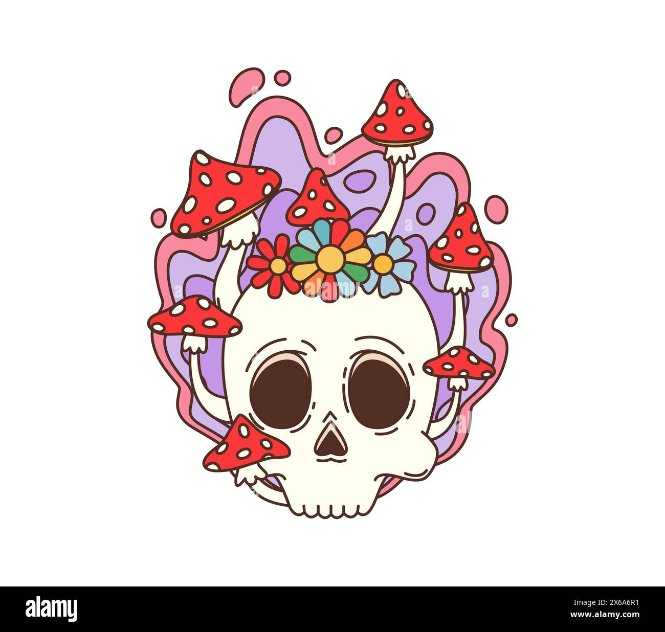 Retro groovy skull with hippie flowers and psychedelic mushrooms ...