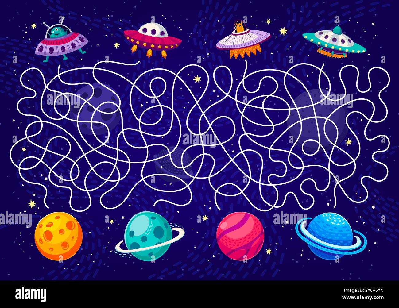 Cartoon galaxy labyrinth maze game to help UFO to find planet, vector ...