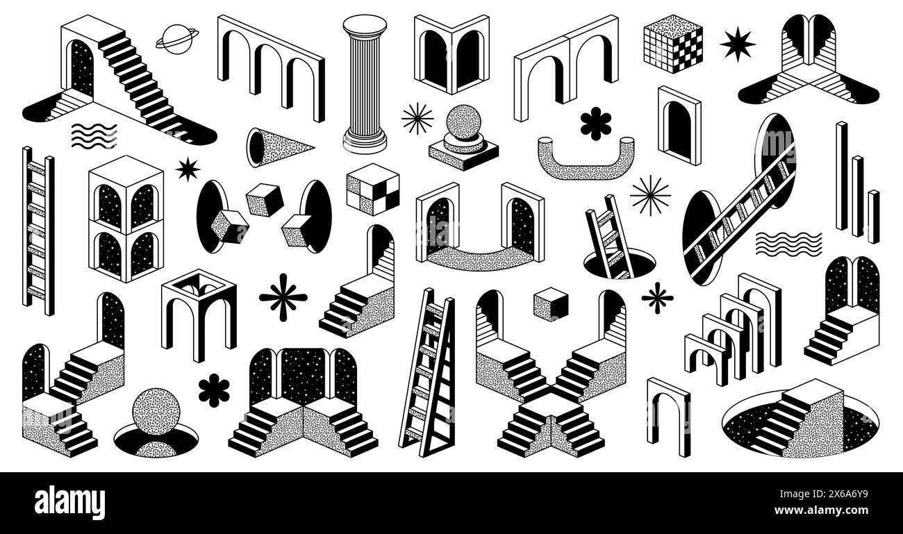 Psychedelic trippy y2k surreal elements with stairs and arch. Isolated ...