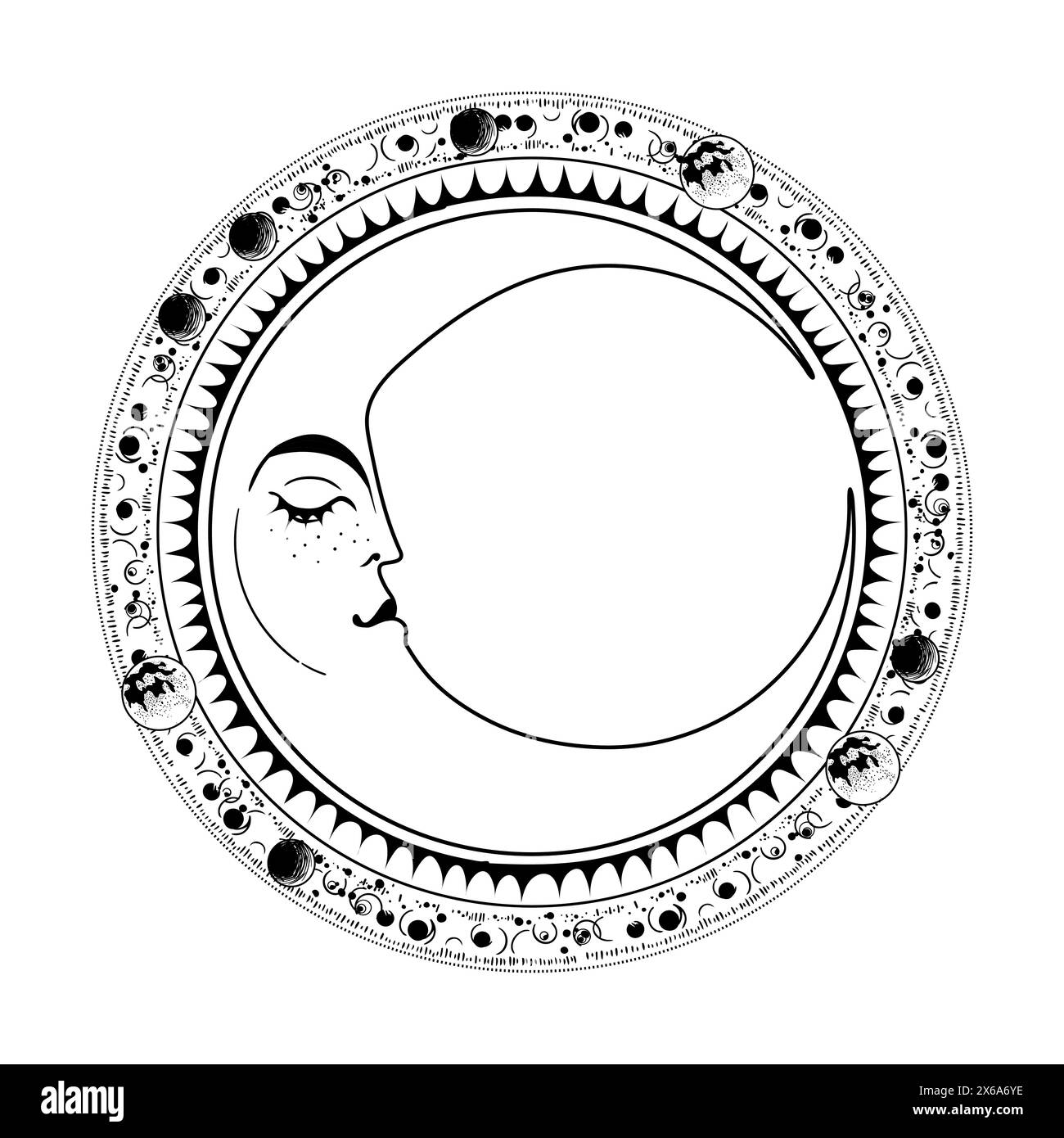 Crescent moon with face, celestial line tattoo, black and white logo ...