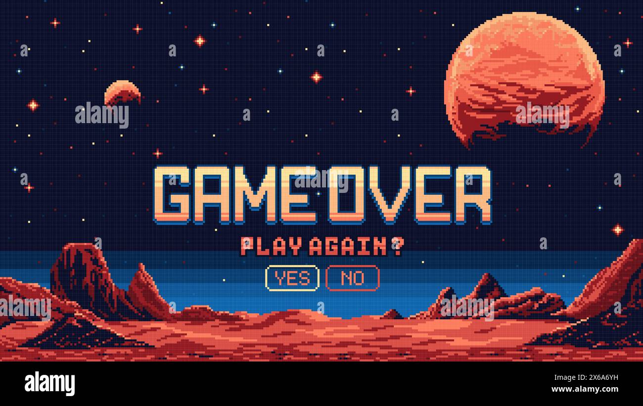 8 bit pixel art video game over screen, mars planet surface landscape ...