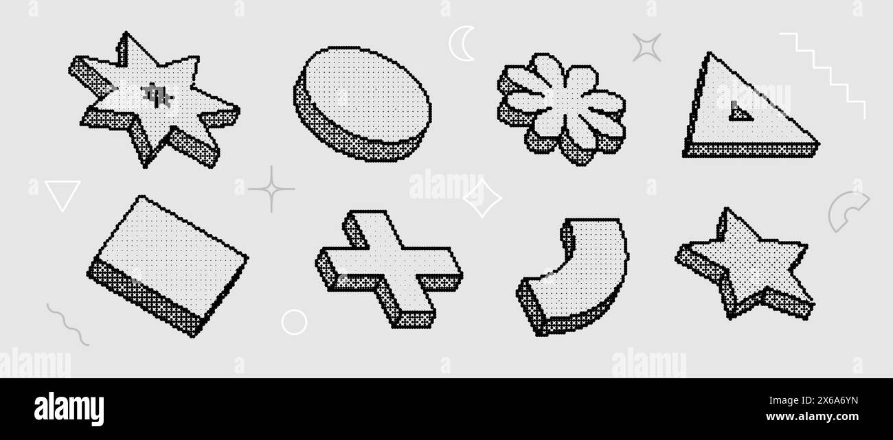 Bitmap Textured Shape Set Dither Halftone Objects Collection Black 3d Flower Star Cross