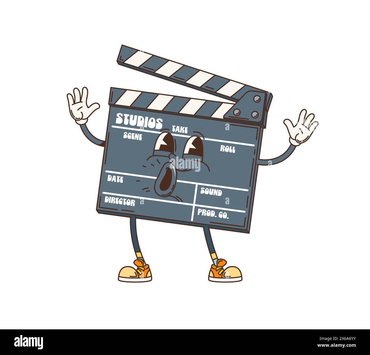 Groovy retro cartoon movie clapperboard funky character with happy face ...