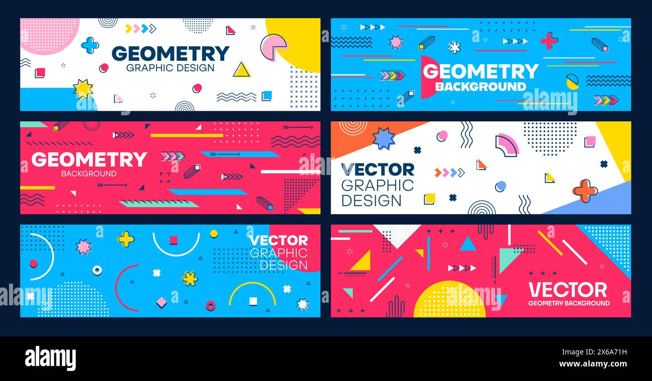 Modern geometric Memphis abstract banners. Horizontal vector cards with ...