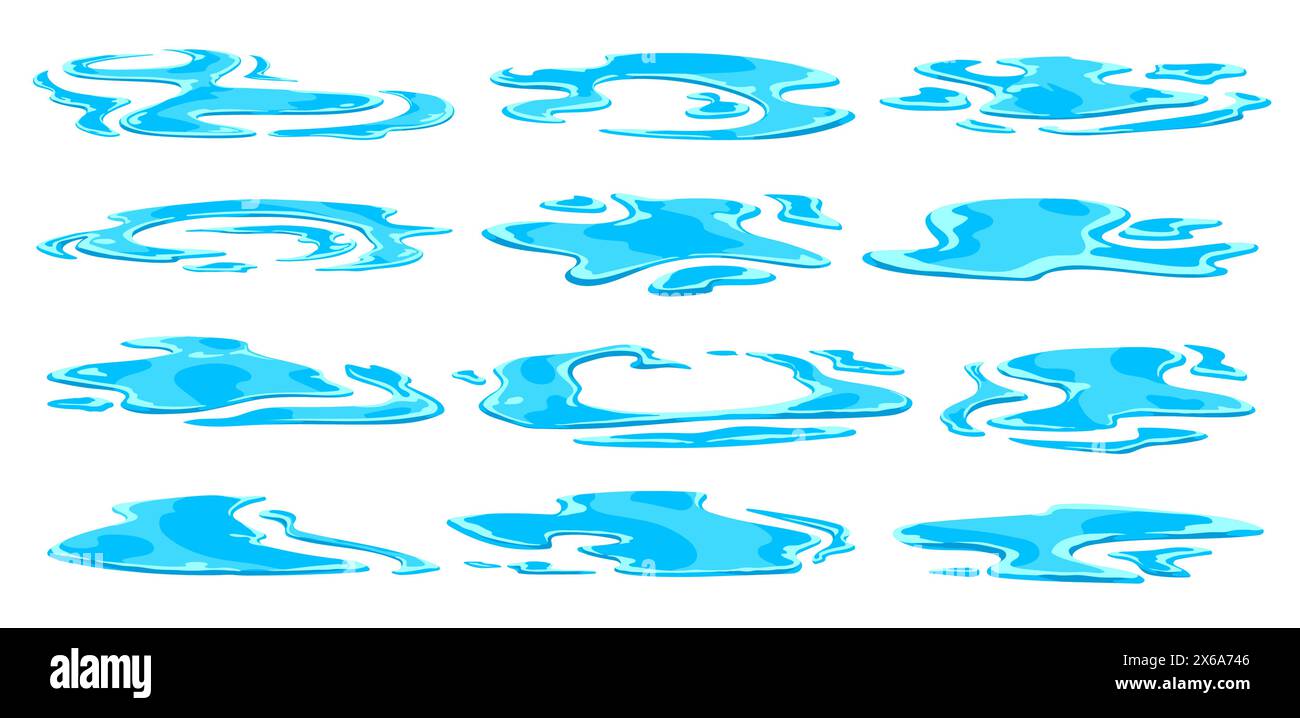 Rain water puddles. Isolated cartoon vector set of blue water splashes ...