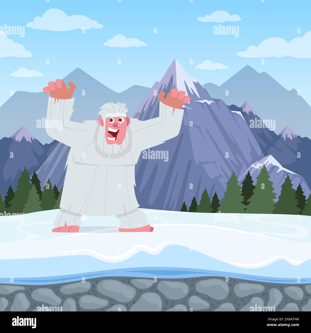 Bigfoot snow background with mountain and bigfoot angry character in ...