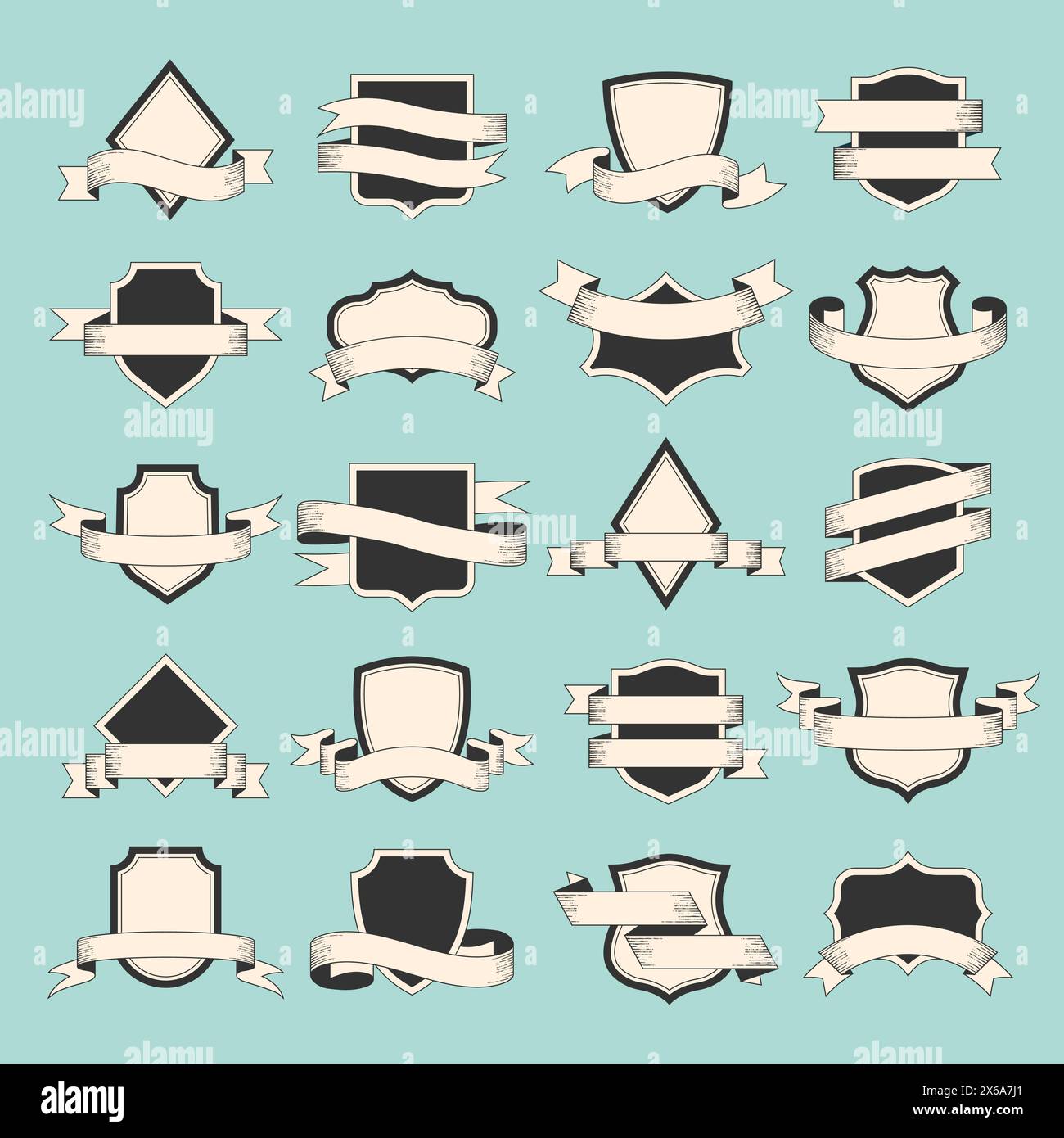 Ribbons badge. Frames different geometric shapes with stylized ribbon ...