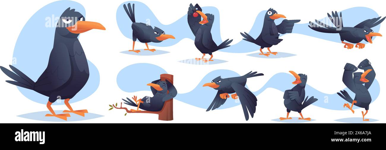 Black crows. Funny cartoon birds in different poses flying and standing ...
