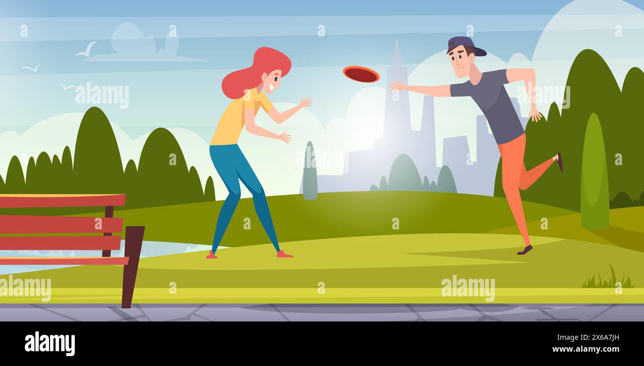 Frisbee active sport characters playing outdoor in urban park frisbee ...