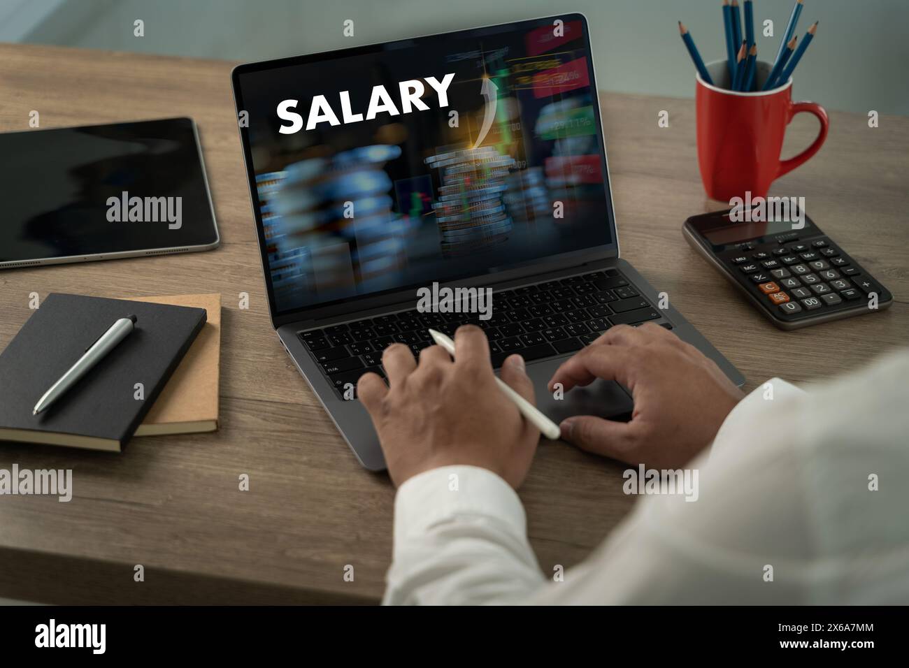 Man using computer check salary money saving concept payment person ...