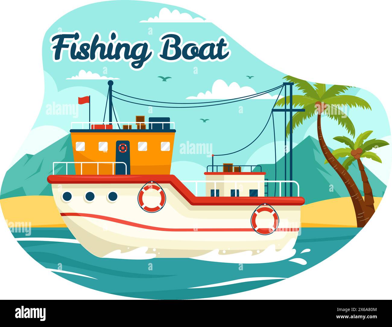 Fishing Boat Vector Illustration with Fishermen Hunting Fish Using Ship ...