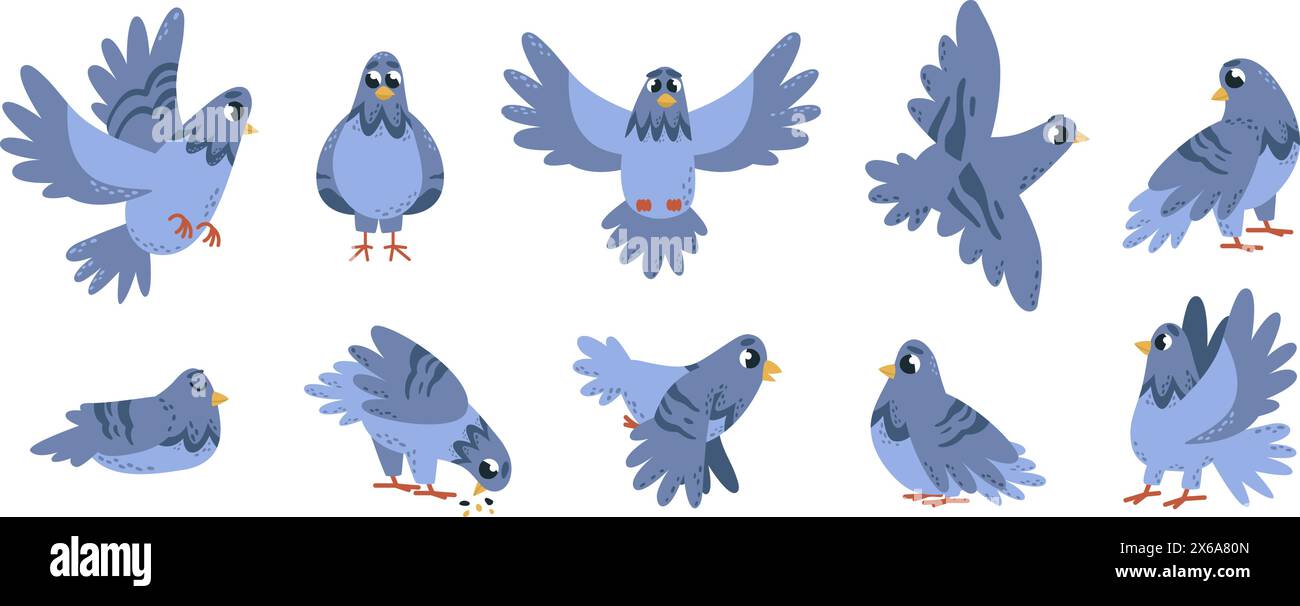 Cartoon pigeon. Isolated birds, emotional pigeons flying eating and ...