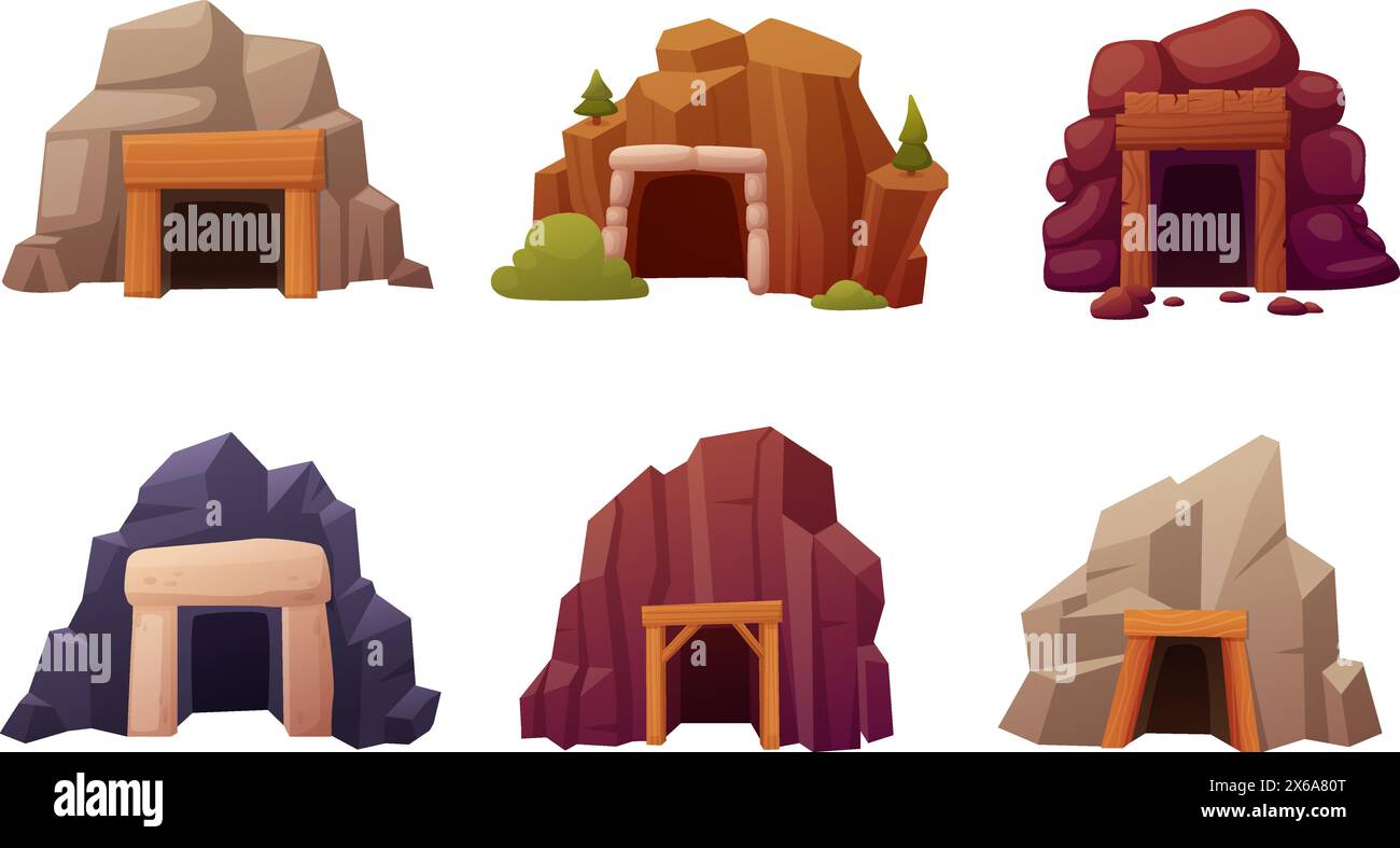 Mine entrance. Stone cave entrances with wooden arches. Cartoon ...