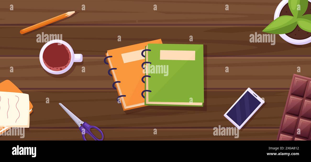 Wooden table with stationery. Student notebooks, smartphone, cup of tea ...