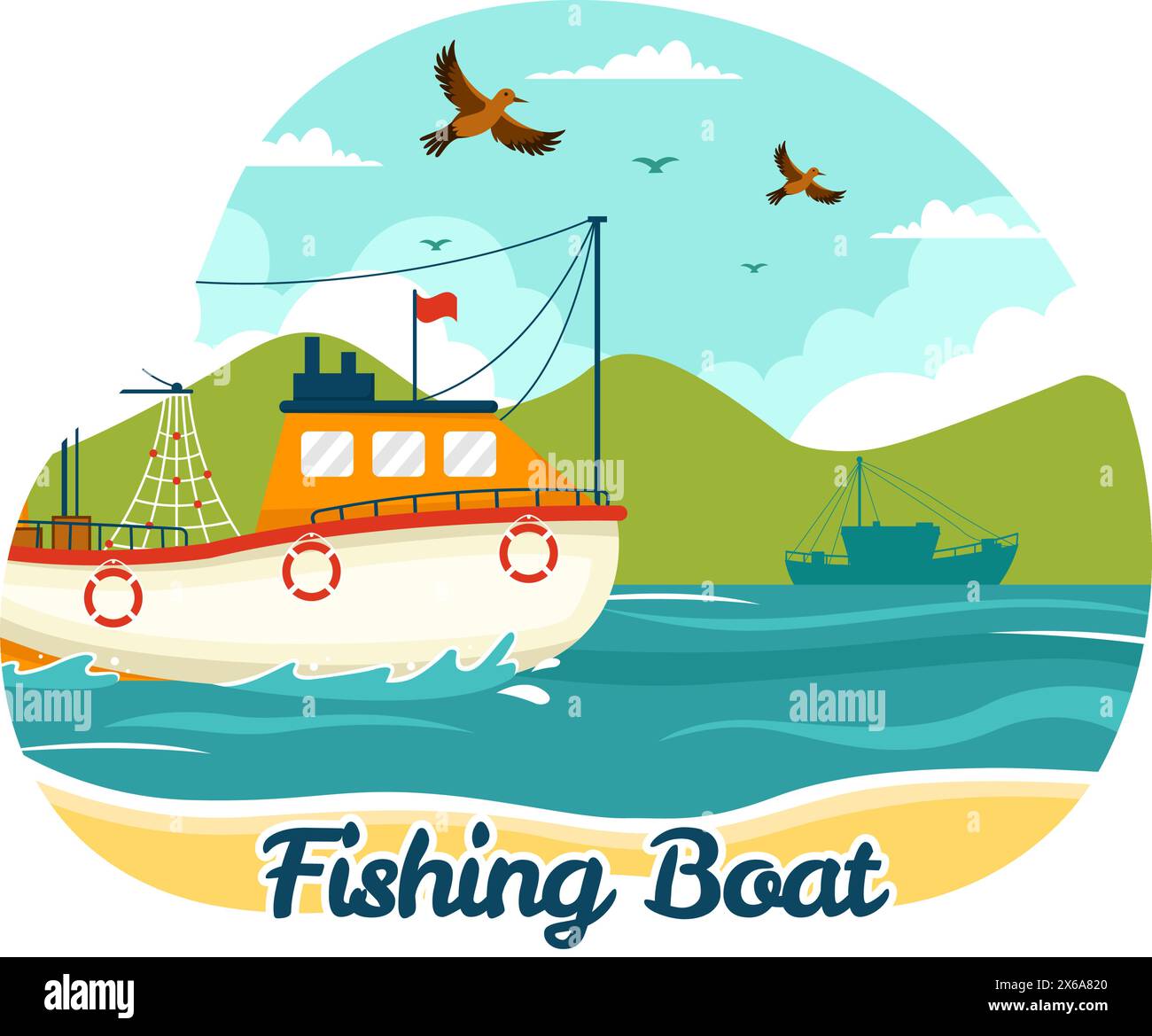 Fishing Boat Vector Illustration with Fishermen Hunting Fish Using Ship ...