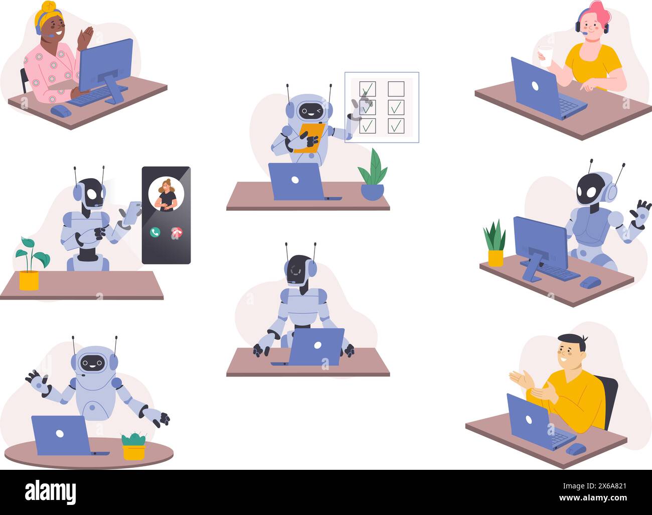 Chatbot customer support. Robots and people working in office together ...