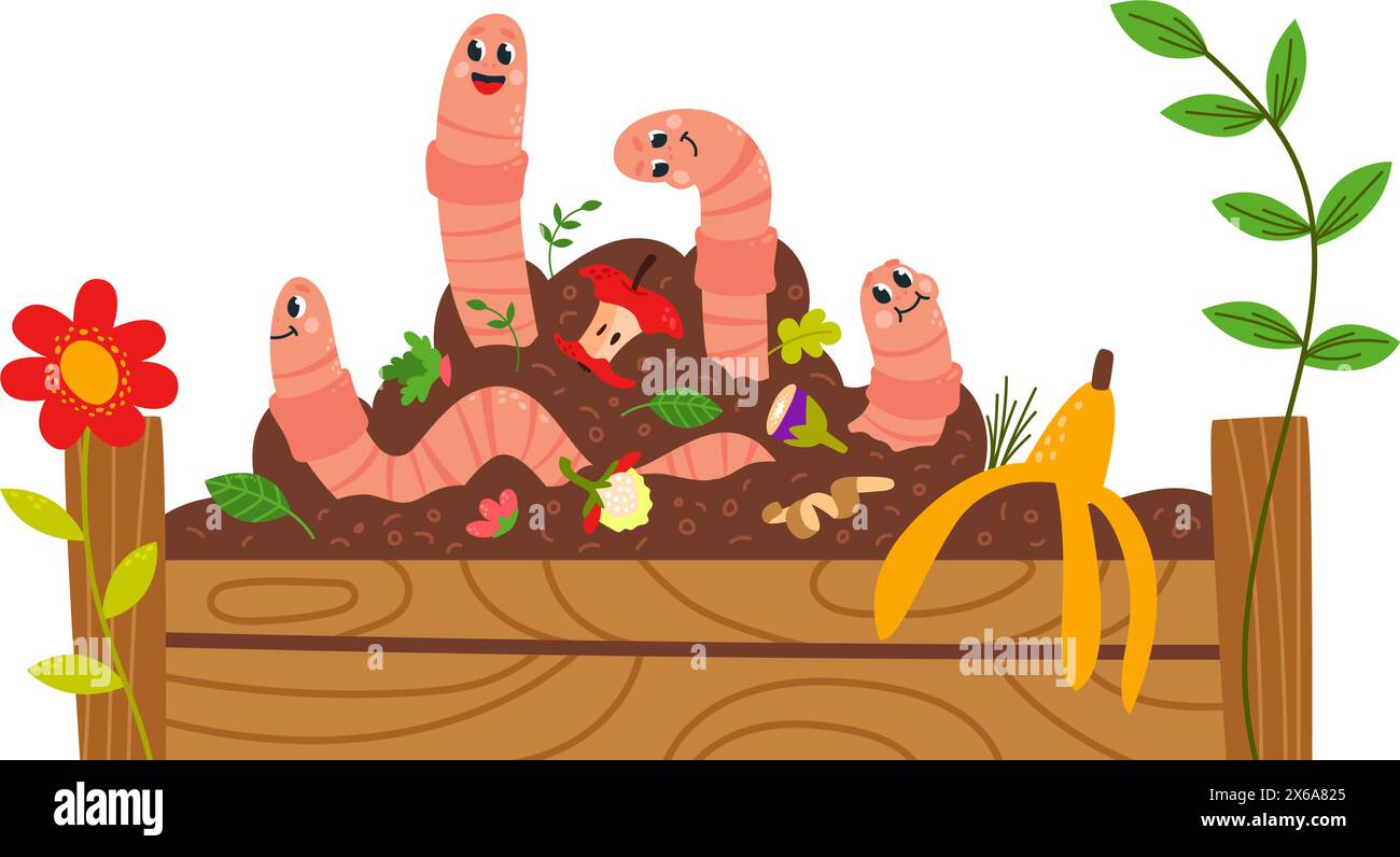 Worms and compost. Cute earthworms in garden soil with organic waste ...
