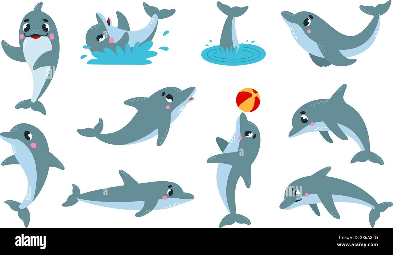 Dolphins characters funny emotions. Cute dolphin swimming and playing ...