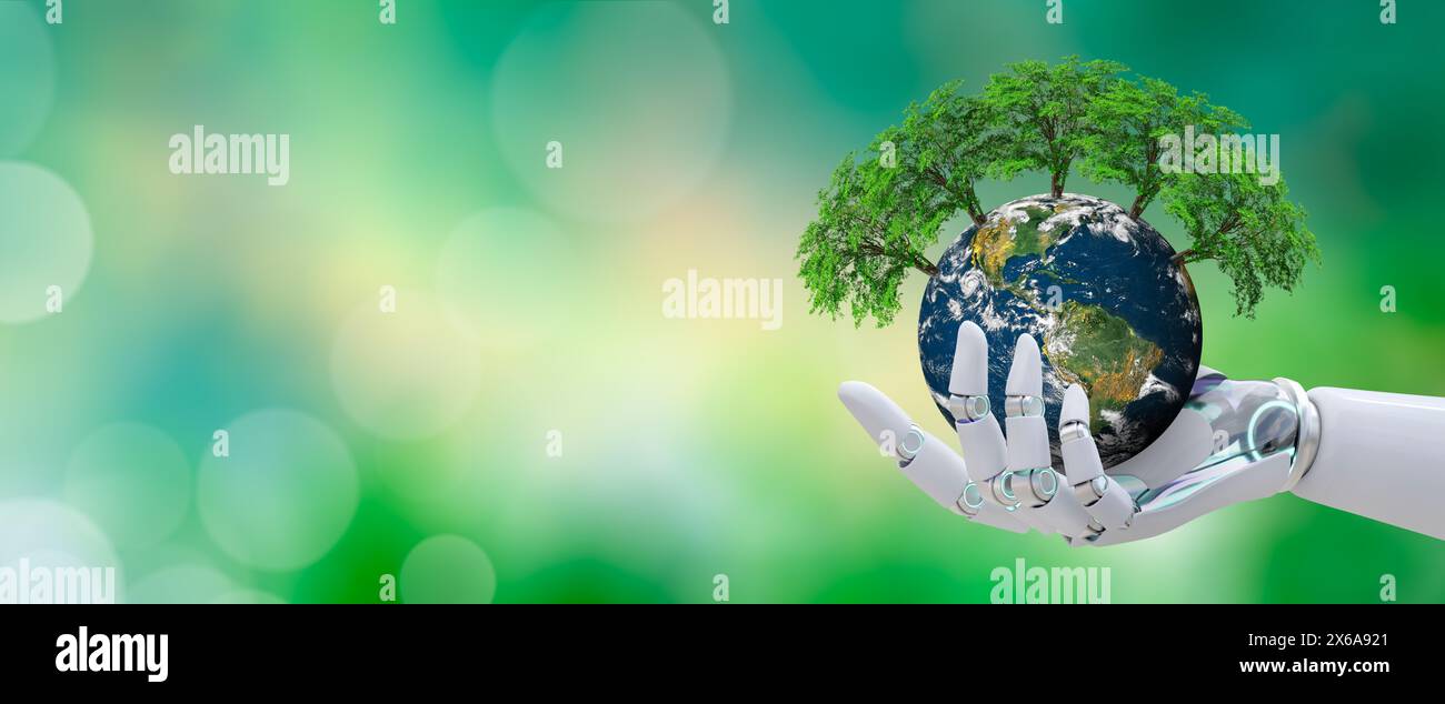 Growing tree on Earth in Robot hand. Green background. Artificial ...