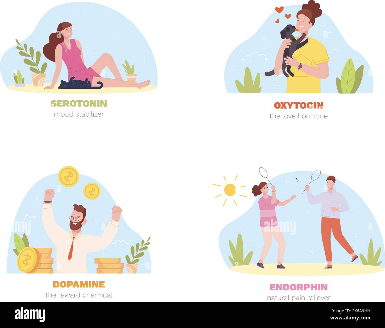 Mood hormones. Happy emotion chemicals hormone, dopamine endorphin serotonin oxytocin pain ...