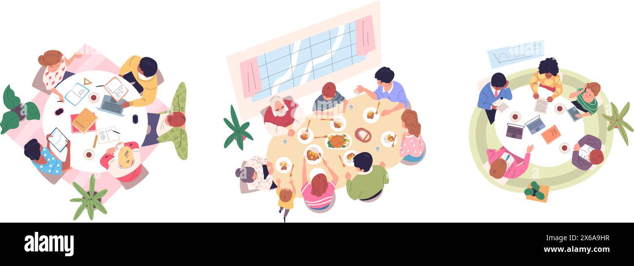 People at table top view. Educational group roundtable preparation exam ...