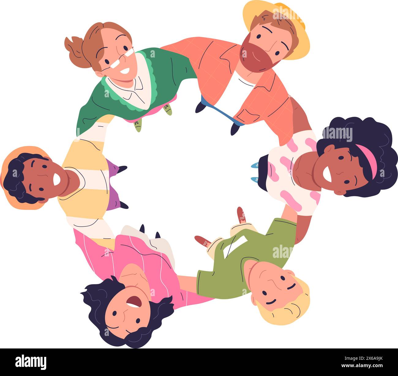 Hugging people looking up. Huddle friends or employee team in circle ...