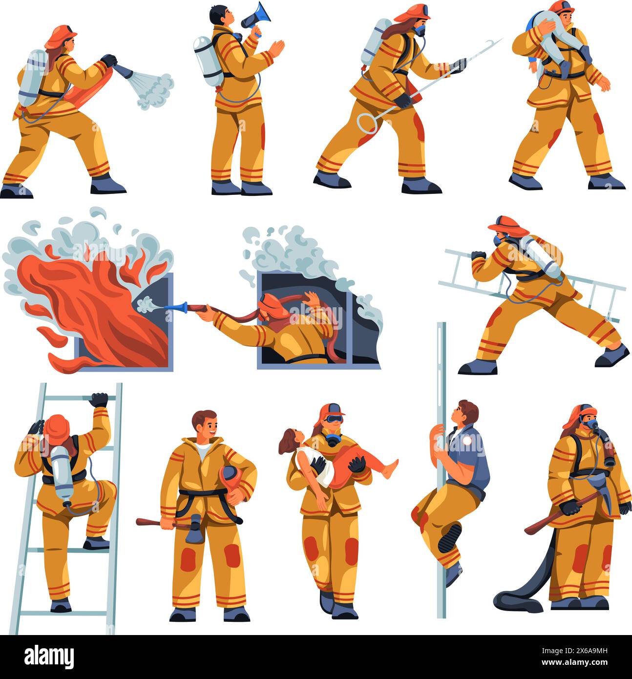 Firefighter characters. Firefighters people in firemen uniform with ...