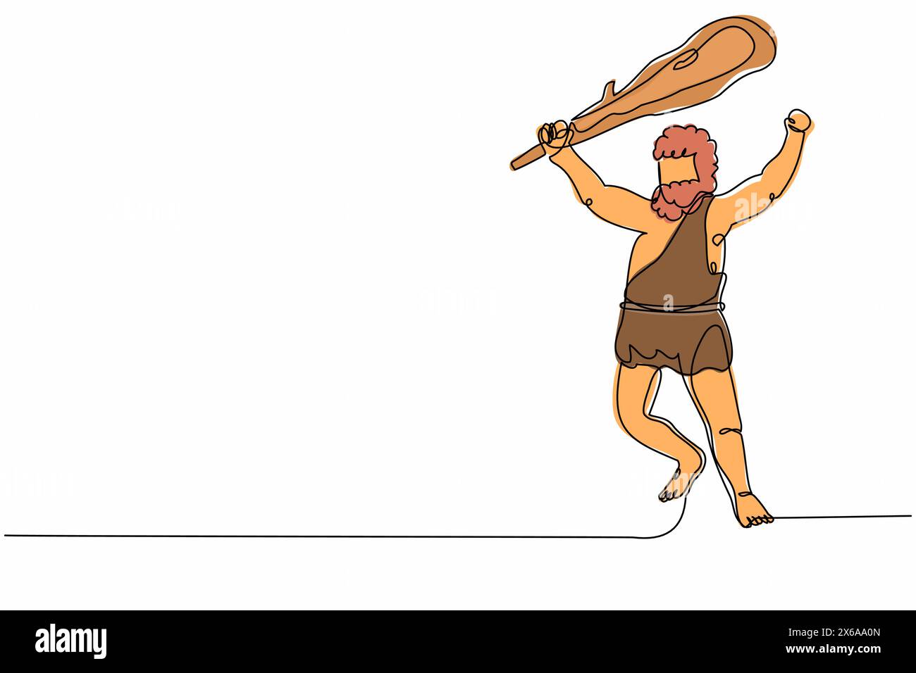 Continuous one line drawing caveman holding and raised cudgel overhead ...