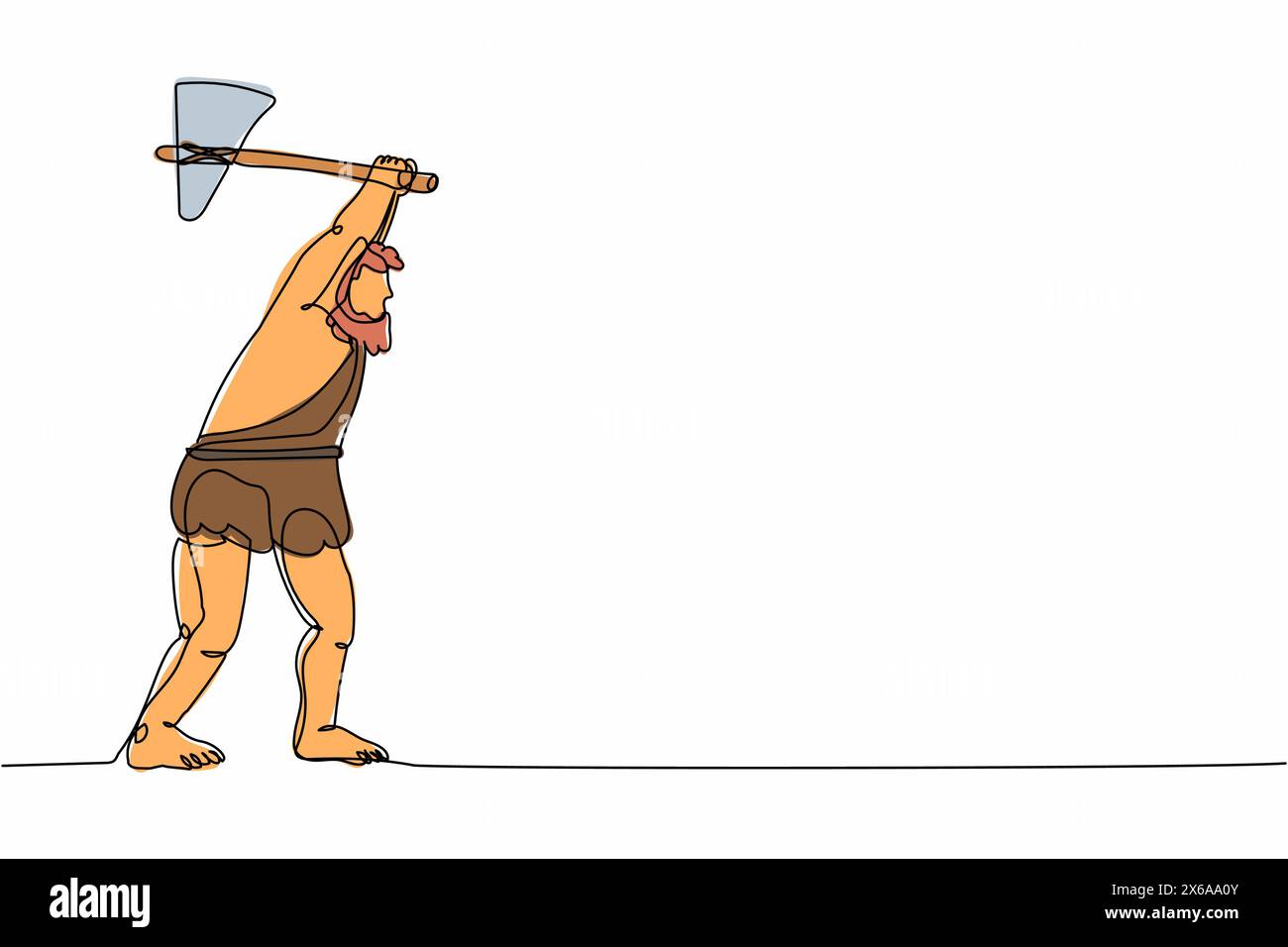 Single one line drawing prehistoric man holding and raised stone axes ...