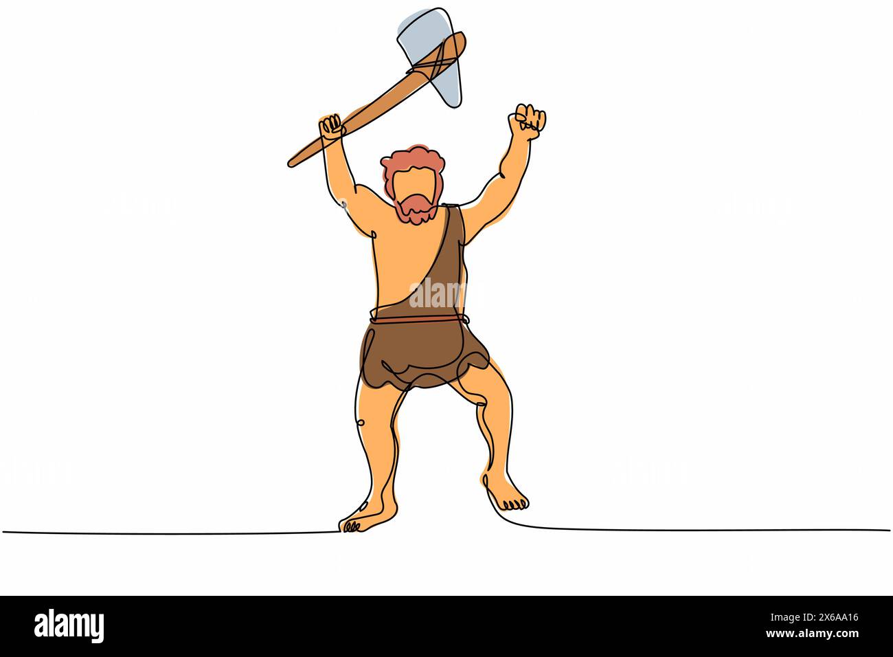 Single one line drawing caveman holding and raised stone axe overhead ...