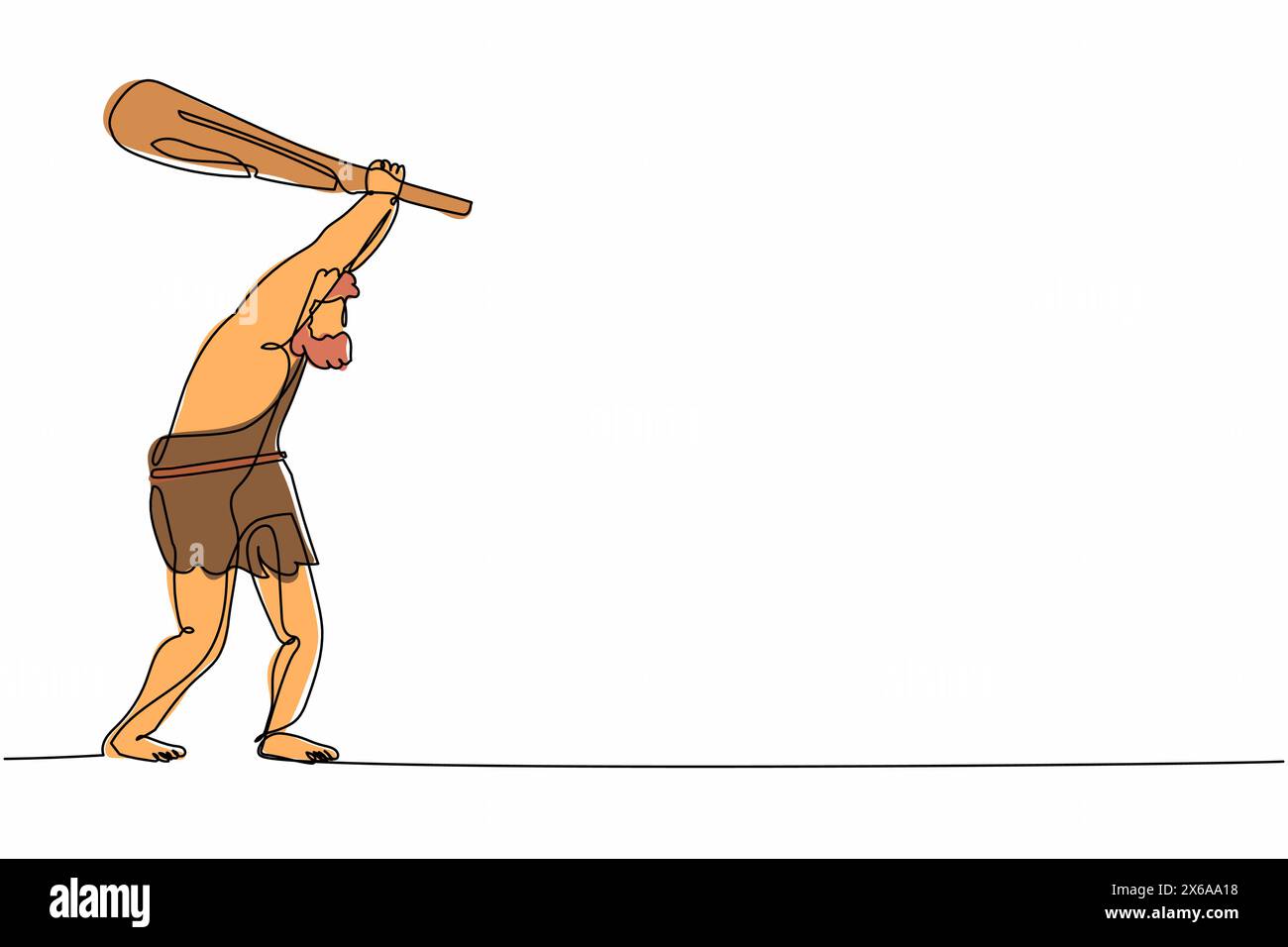 Single continuous line drawing caveman holding and raised cudgel ...