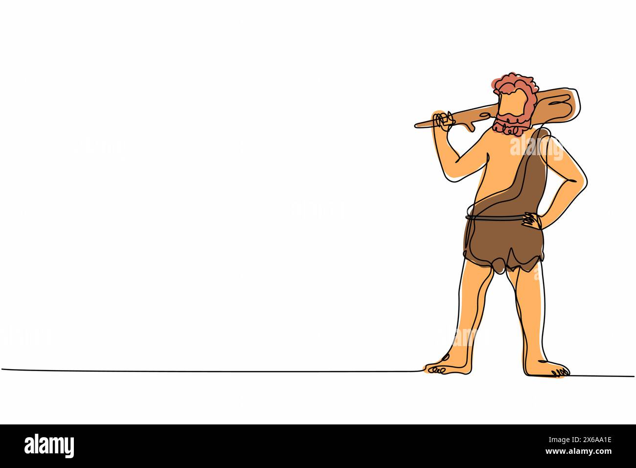 Single continuous line drawing prehistoric man holding cudgel on ...