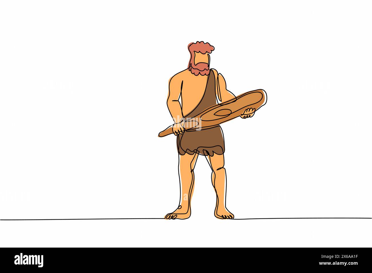 Continuous one line drawing ancient caveman holding big wooden club or ...
