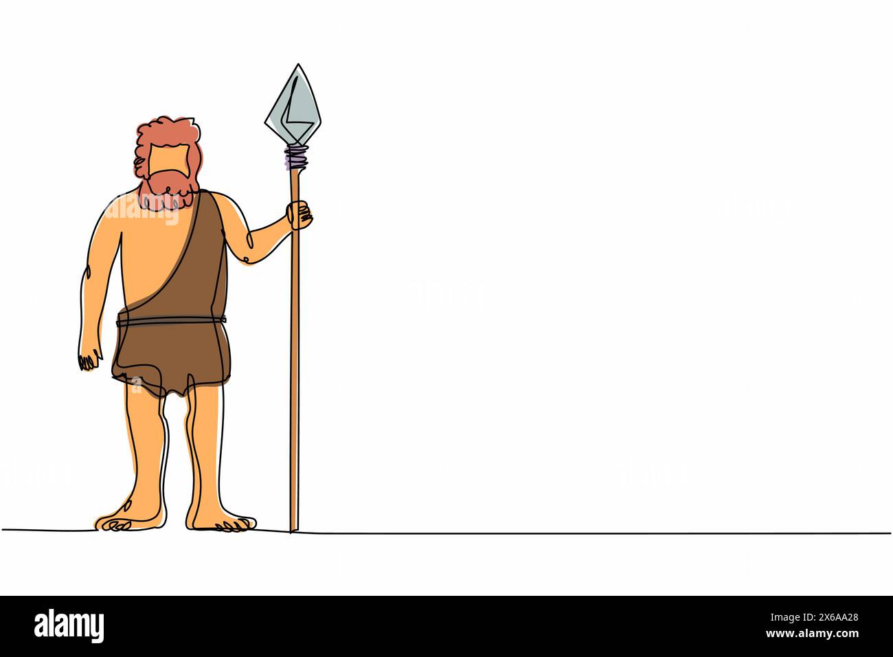 Continuous one line drawing man stand with prehistoric spear old cave ...