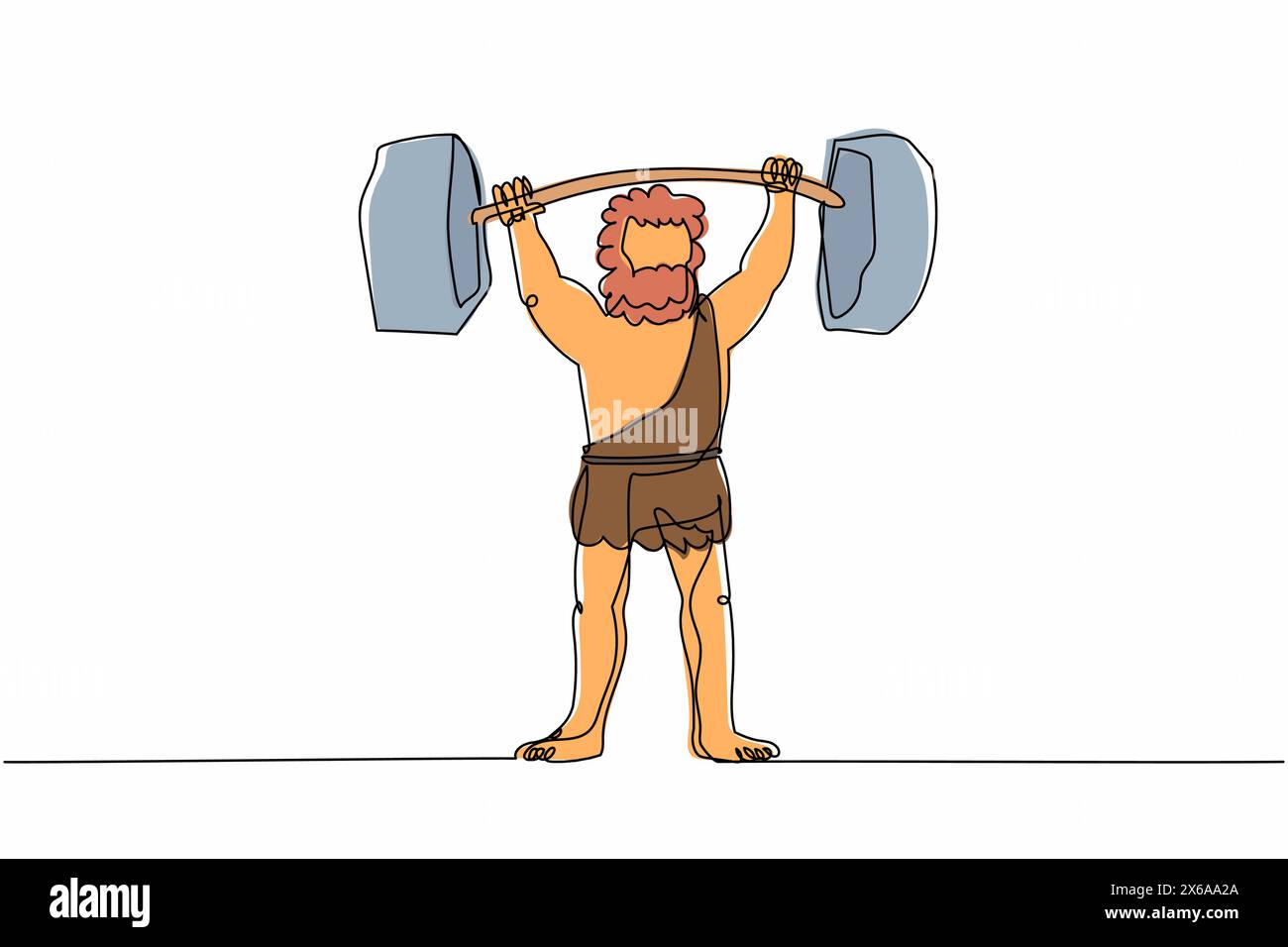 Single continuous line drawing prehistoric man lifting barbell stone. Weightlifter caveman from ...