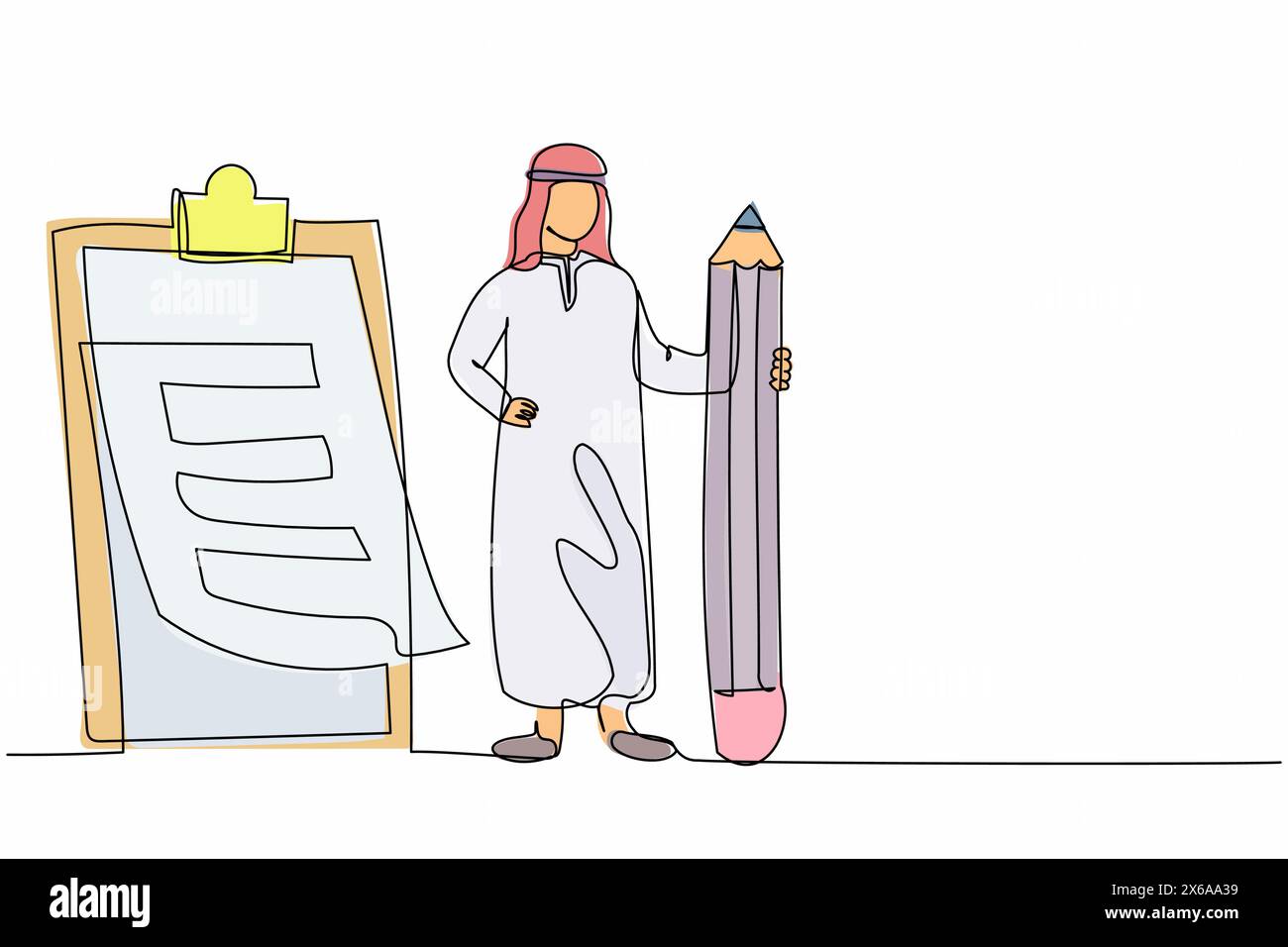 Single continuous line drawing Arabian businessman holding big pencil ...